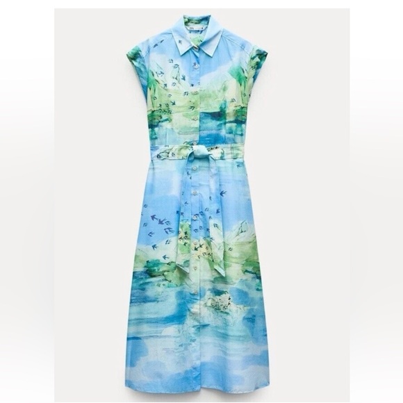 Zara | Dresses | Nwt Zara Japanese Nature Watercolor Bird Print Belted ...